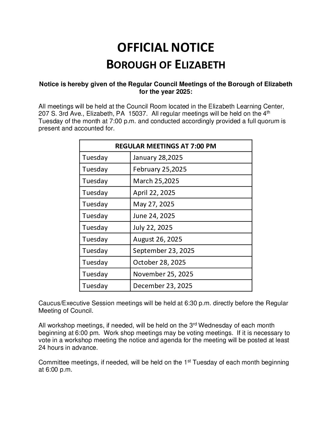 Council & Meeting information – Elizabeth Borough